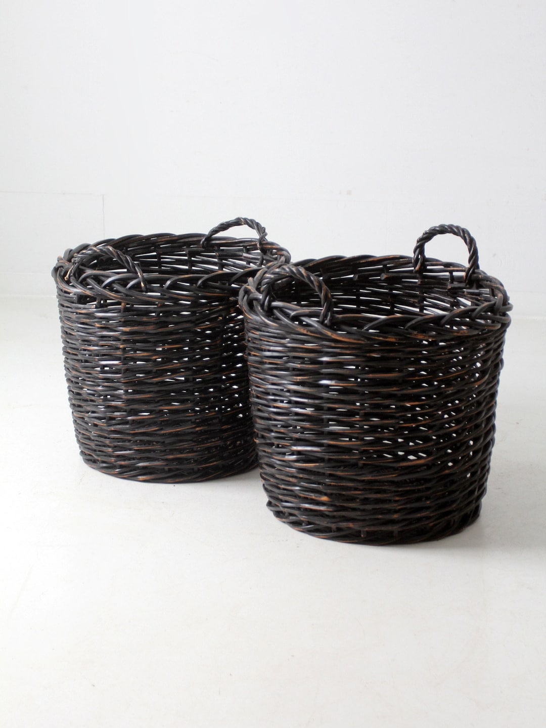 Vintage Black Woven Cane Baskets Pair - Etsy