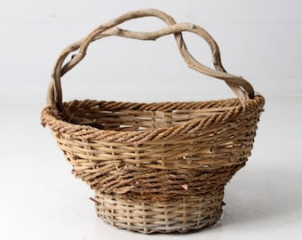Unique Large Rustic Vintage Wicker Grapevine Round Basket With Handle ...