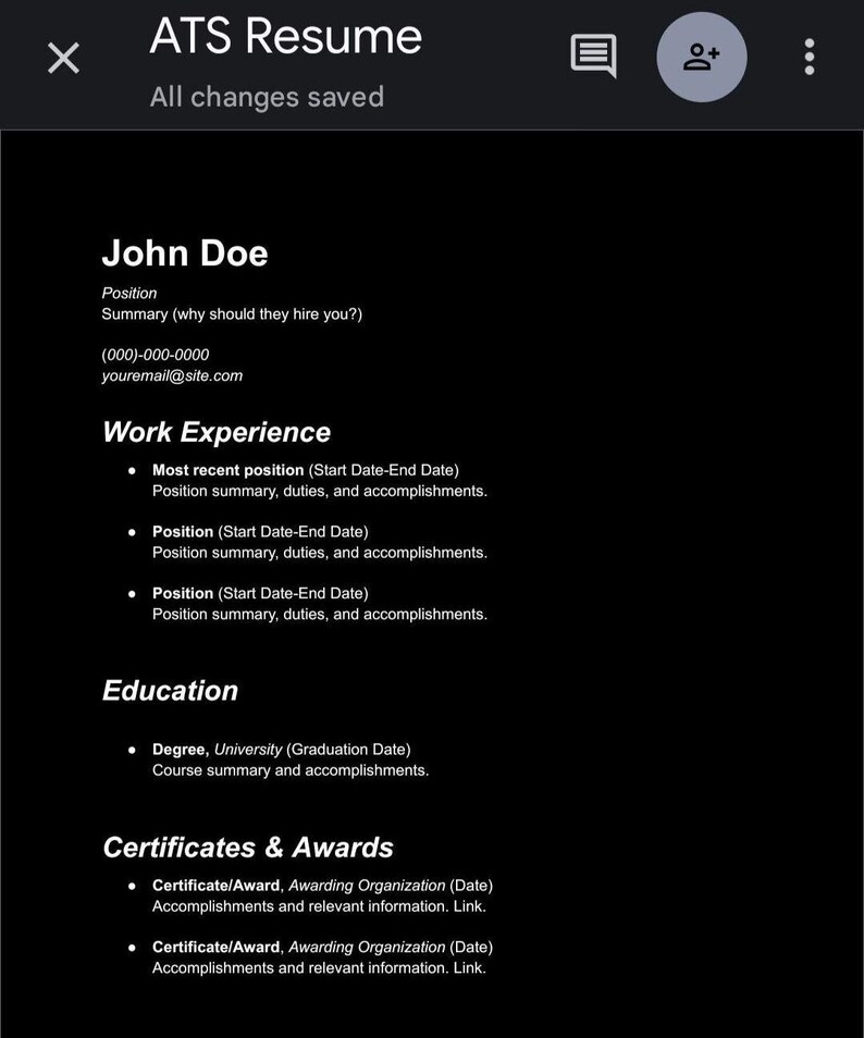 ATS Friendly Resume Template in Google Docs With Experience, Education ...