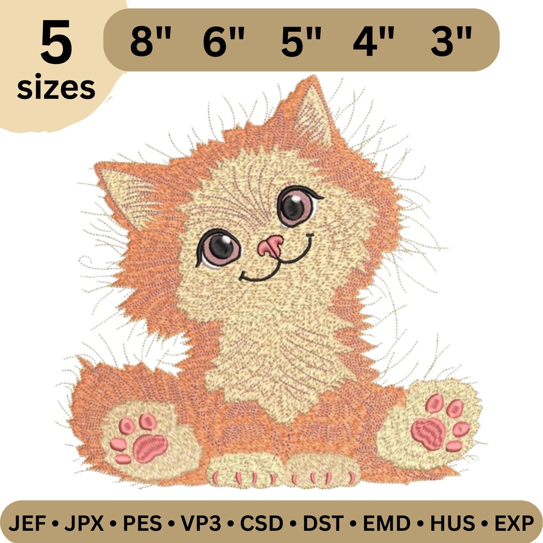 Fluffy Smiling Cat Embroidery Design, Kitten Machine Embroidery File ...