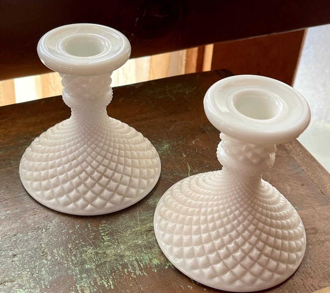 Vintage Diamond Pattern Milk Glass Candle Stick Holders Set - Etsy