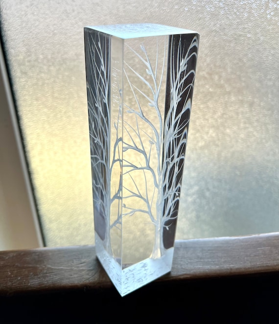 Etched Tree With Birds in Glass Block Glass Art Piece Tree - Etsy