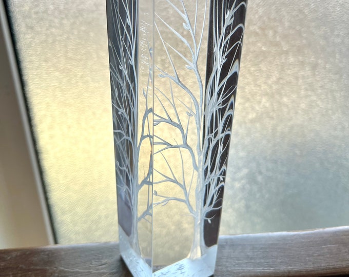 Etched Tree With Birds in Glass Block, Glass Art Piece, Tree in Glass ...