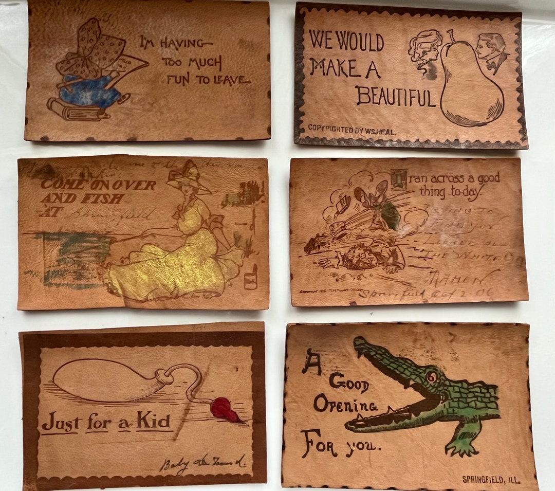 Vintage Leather Postcards, Lot 2, Early 1900s, Set of 6, Whimsical ...