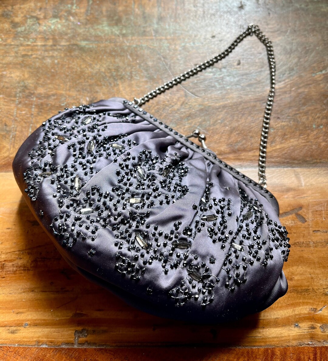 Vintage 1950s Magid Pouch Charcoal Satin Beaded Purse With Coin Purse ...