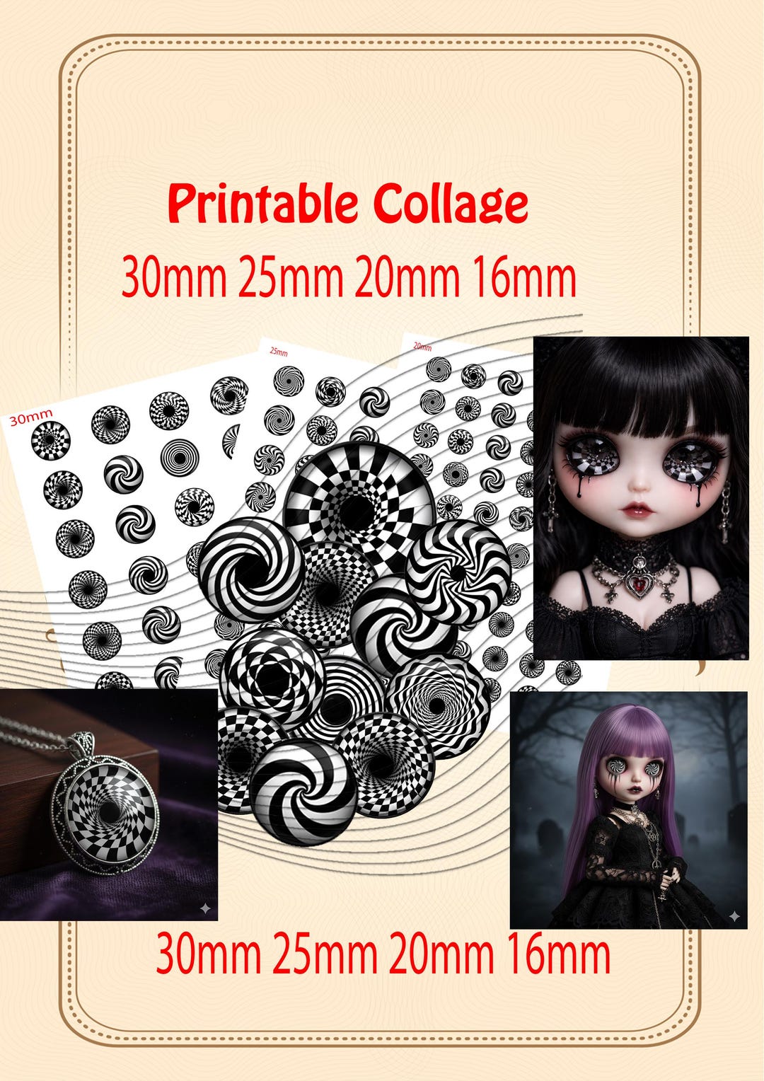 Printable Collage Psychedelic Eye Chips & Pendant Patterns, 28 Optical ...