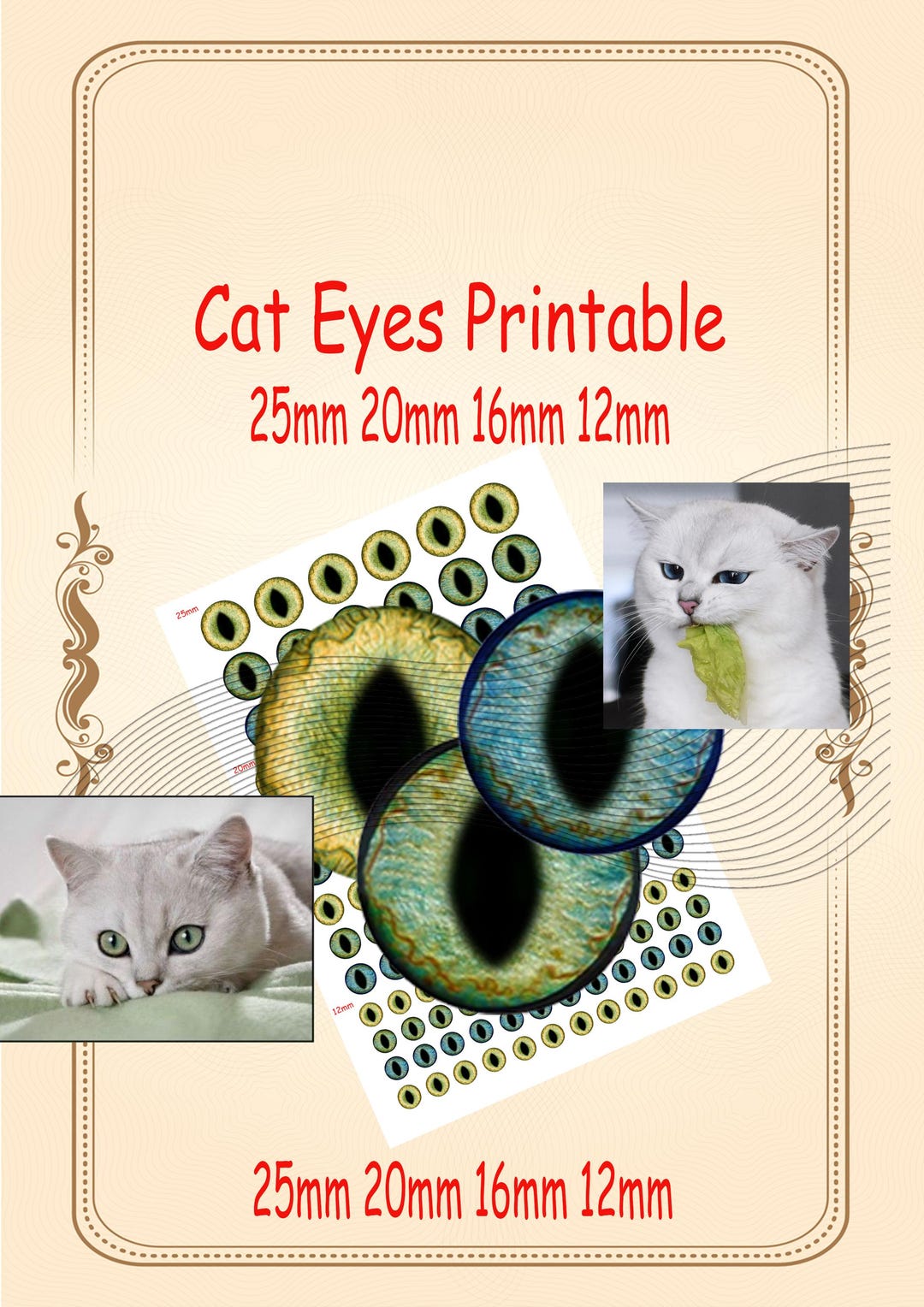 Realistic Cat Eyes Printable – Three Colors – Narrow Pupil Almond Shape ...