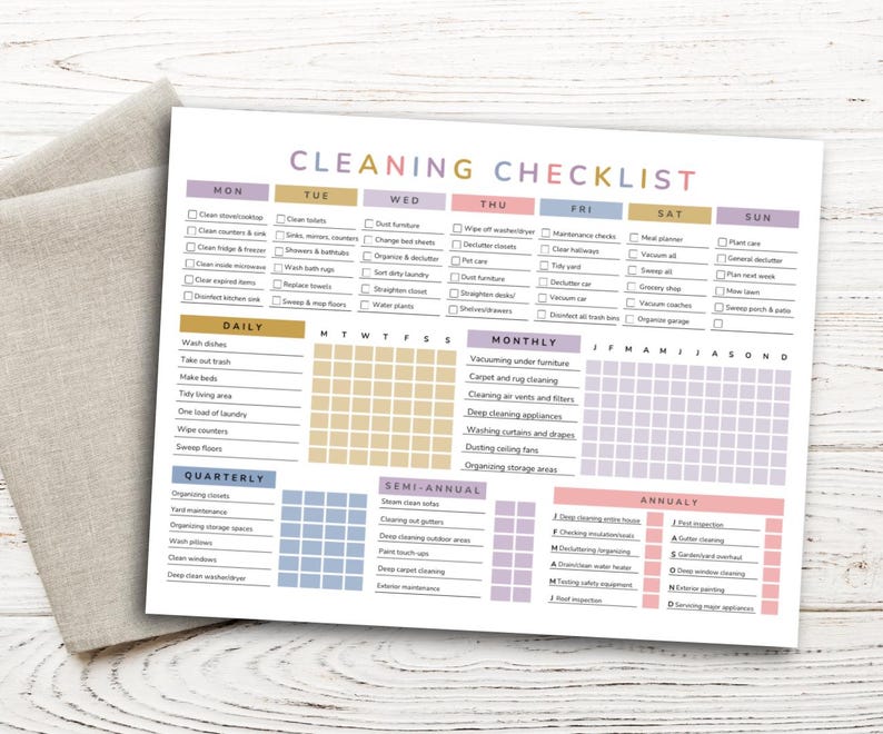 Printable Cleaning Checklist | Daily, Weekly, Monthly & Annual Home ...