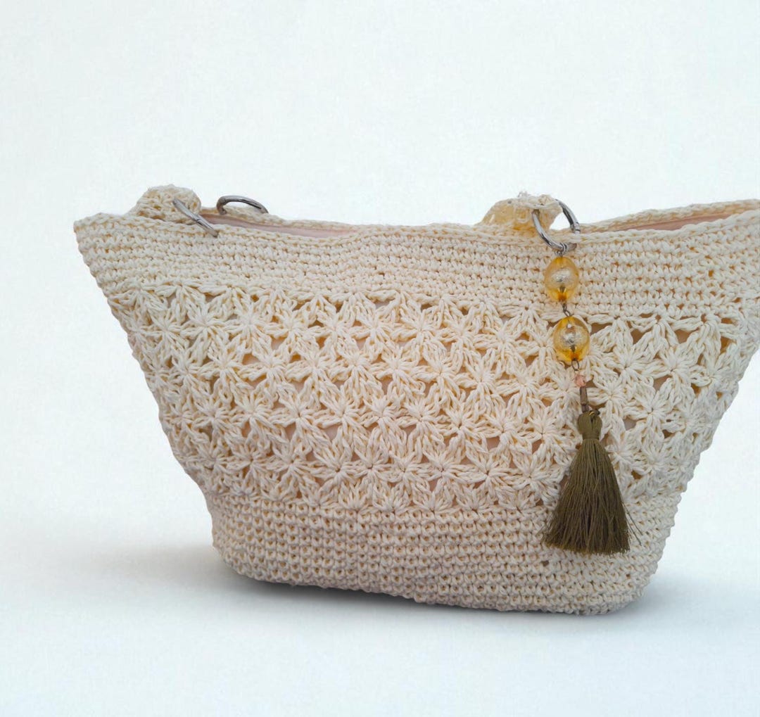 Handmade Large Paper Yarn Tote Bag – Cream Crochet Handbag With Lining ...