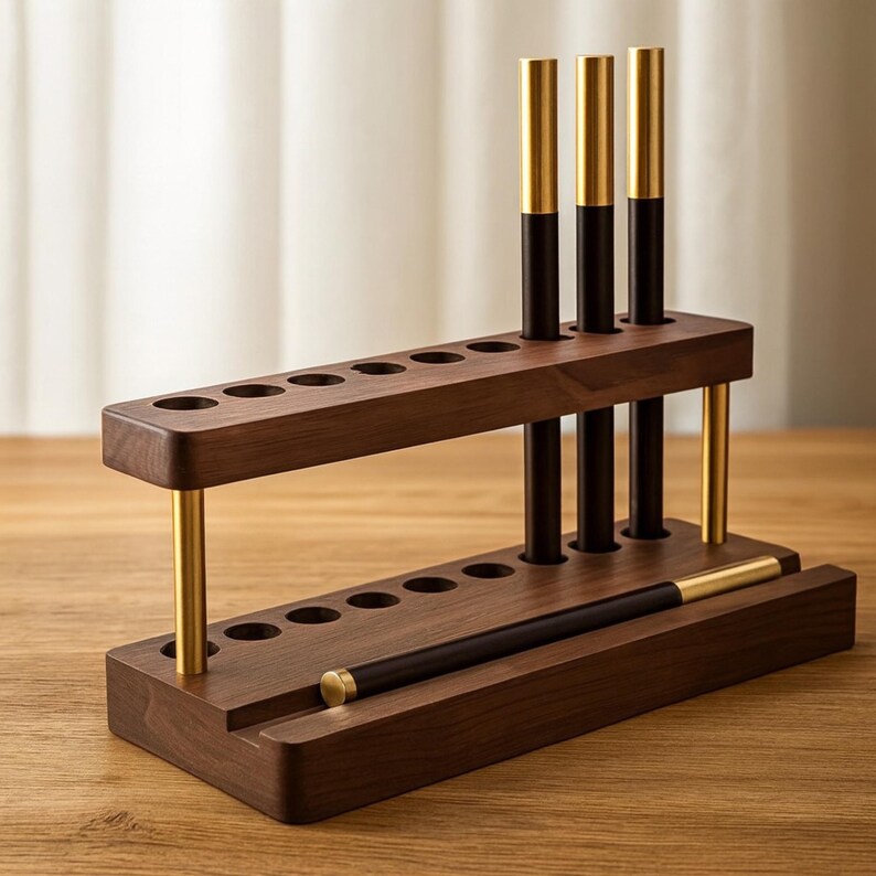 Rustic Wooden Desk Organizer – 9-slot Pen Holder With Phone Stand ...