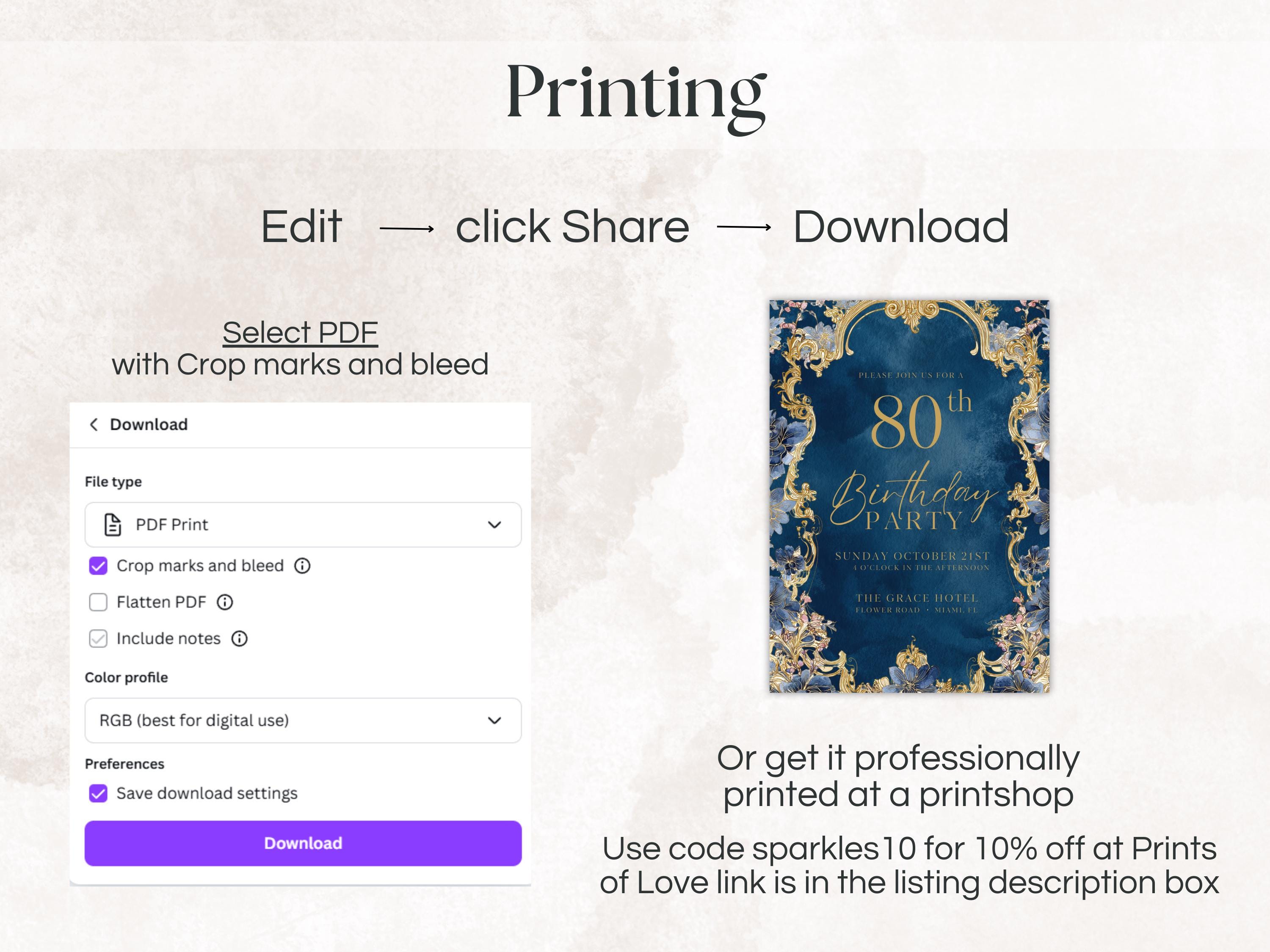 80th Chique Gold Frame Birthday Invitation Template, Editable Baroque ...