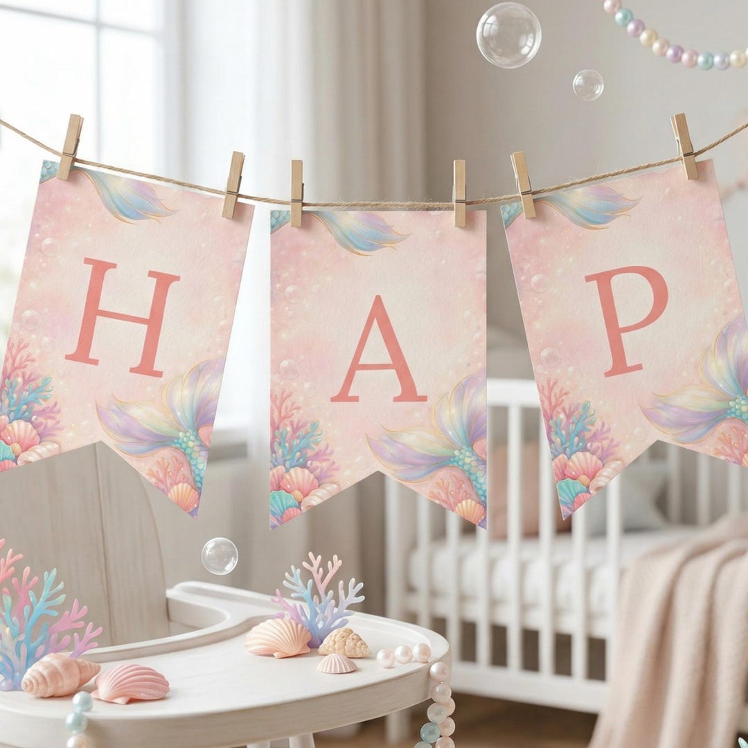 Editable Mermaid Birthday Banner, Ocean Happy Birthday Bunting Template ...