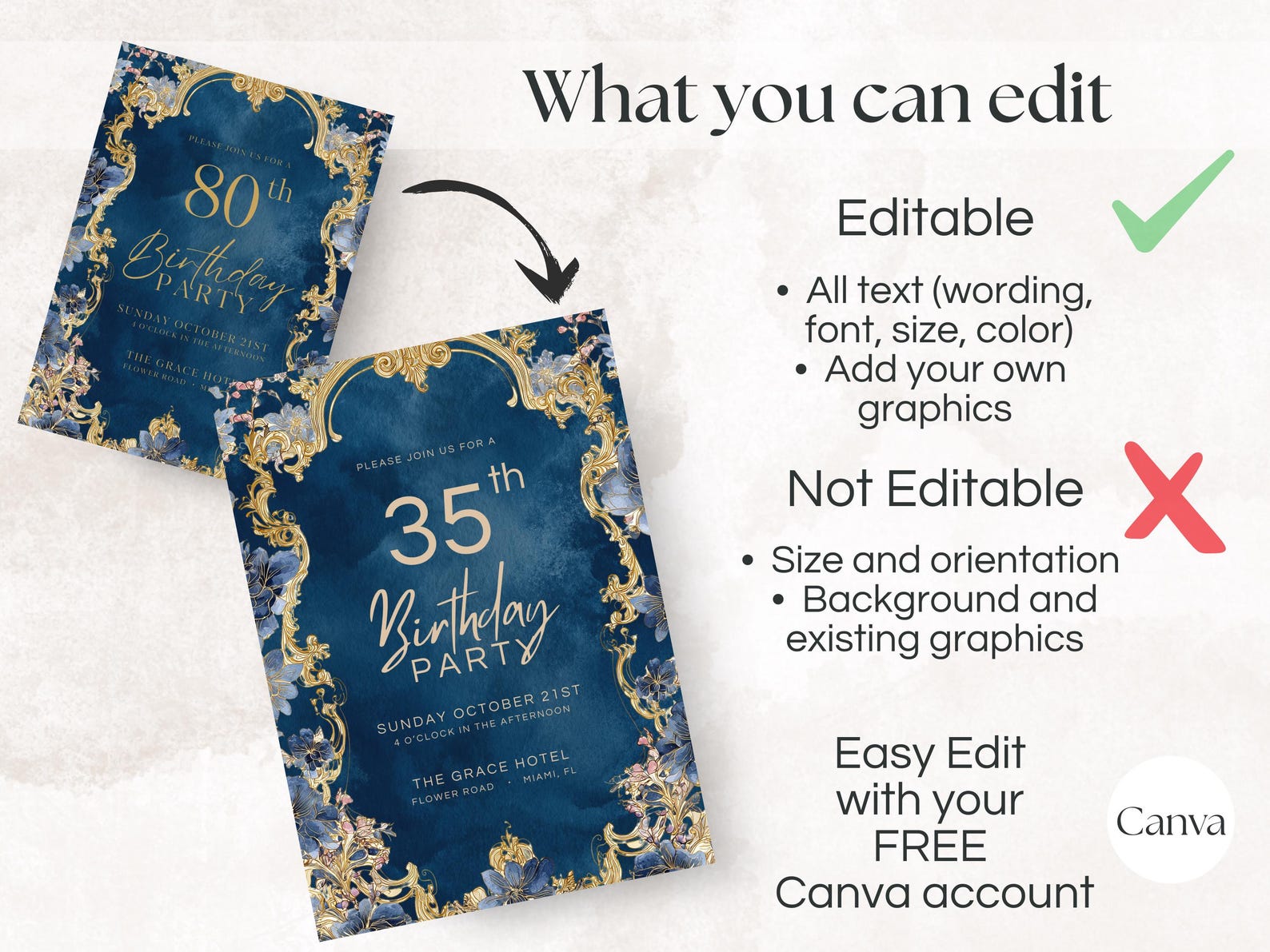 80th Chique Gold Frame Birthday Invitation Template, Editable Baroque ...
