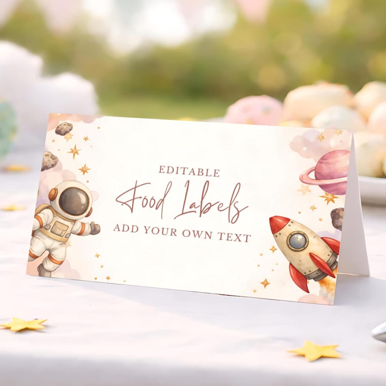 Outer Space Food Label Template Canva, Printable Astronaut Drinks Cards ...