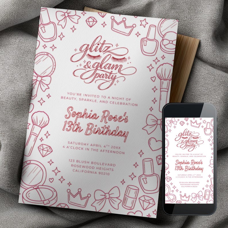 Glitz and Glam Birthday Invitation, Teen Girl Glam Party Invite ...