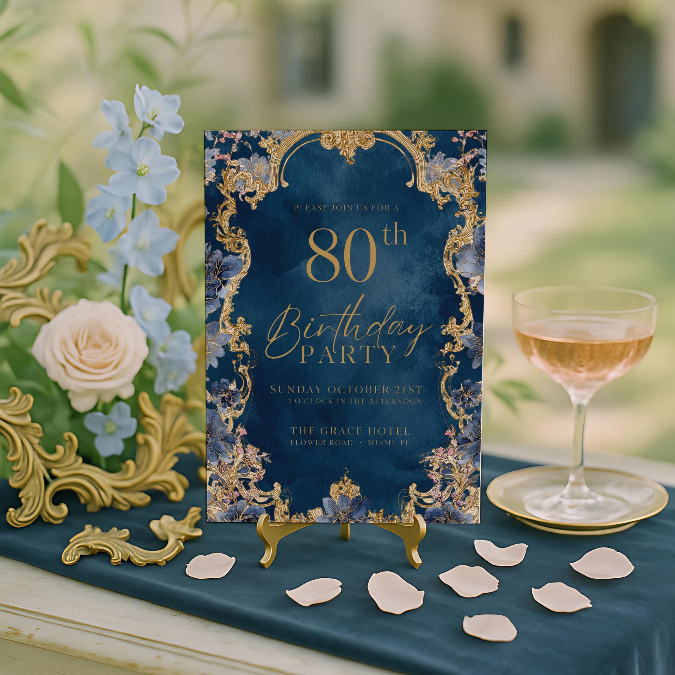 80th Chique Gold Frame Birthday Invitation Template, Editable Baroque ...