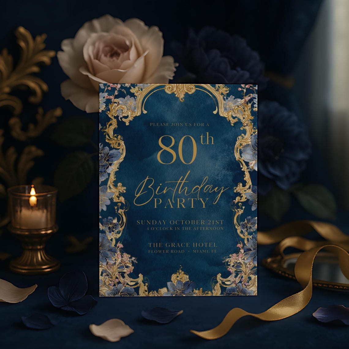 80th Chique Gold Frame Birthday Invitation Template, Editable Baroque ...