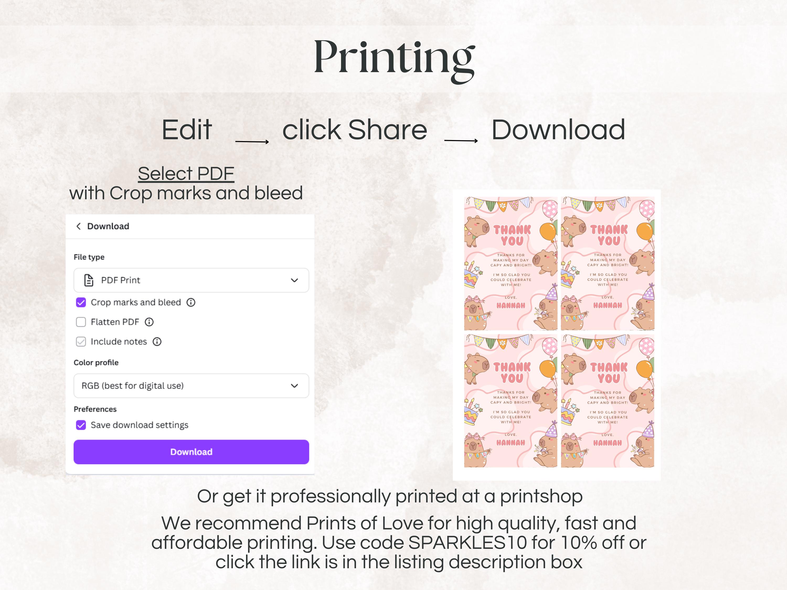 Capybara Editable Thank You Card, Animal Girl Birthday Thanks Tag ...