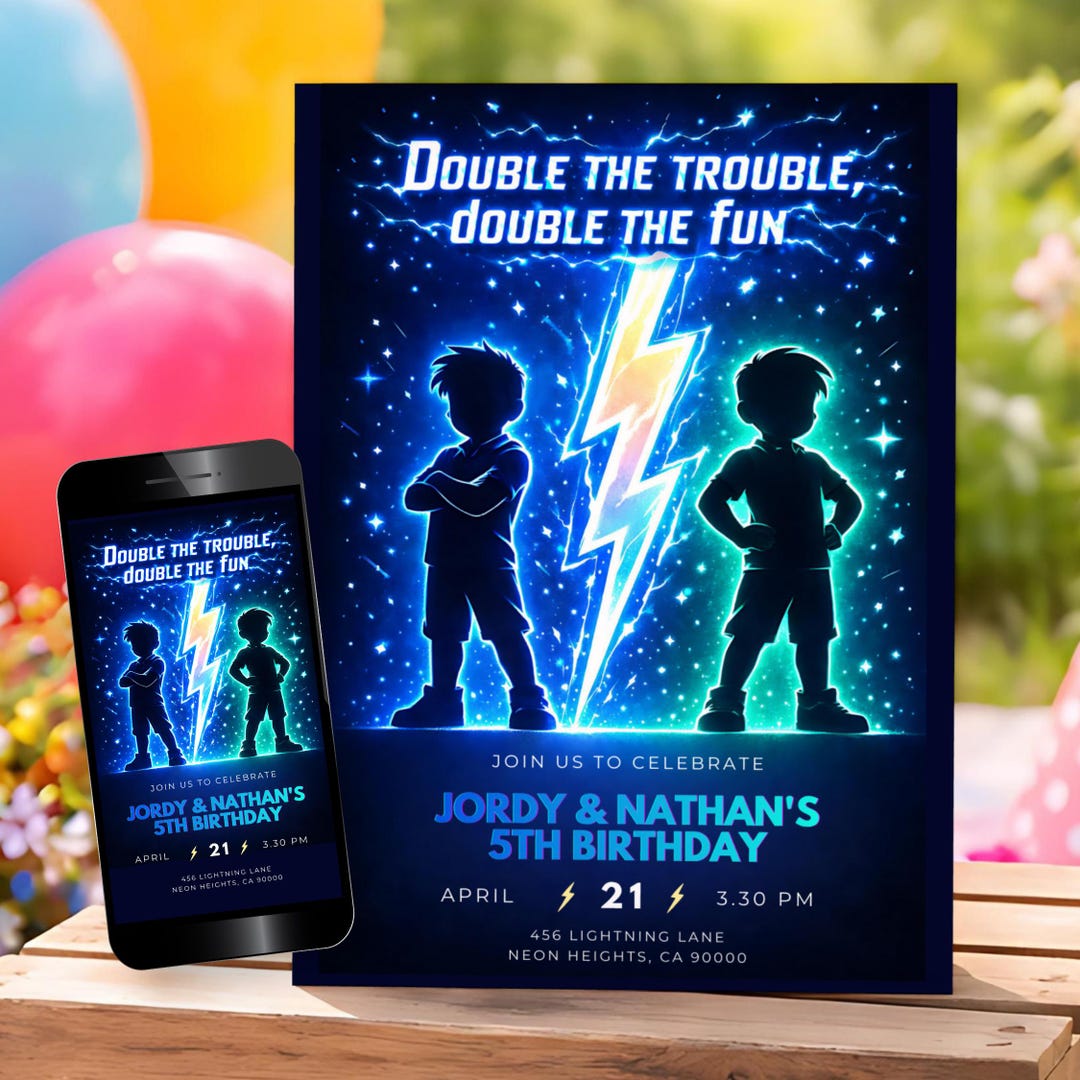 Double Trouble Birthday Invitation, Neon Twins Boy 5th Bday Invite ...
