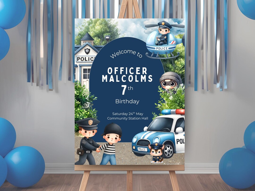 Police Editable Birthday Welcome Sign Template, Blue Unisex Law ...