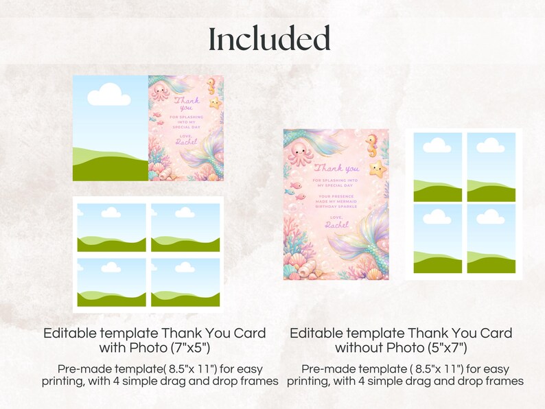 Mermaid Editable Thank You Card, Under the Sea Birthday Thanks Tag ...