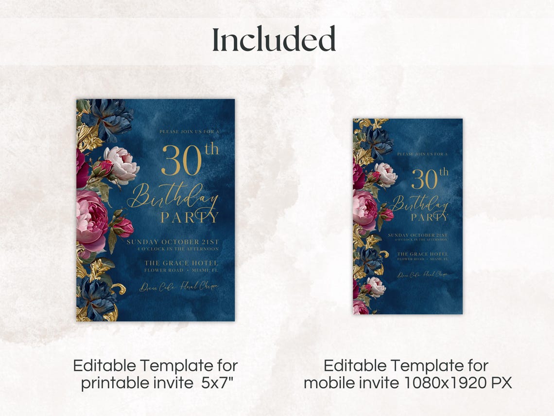 Floral Baroque Birthday Invitation Template, Editable Elegant 30th ...