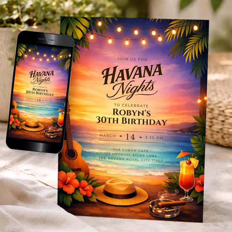 Havana Nights Birthday Invitation, Tropical Cuban Party Invite ...