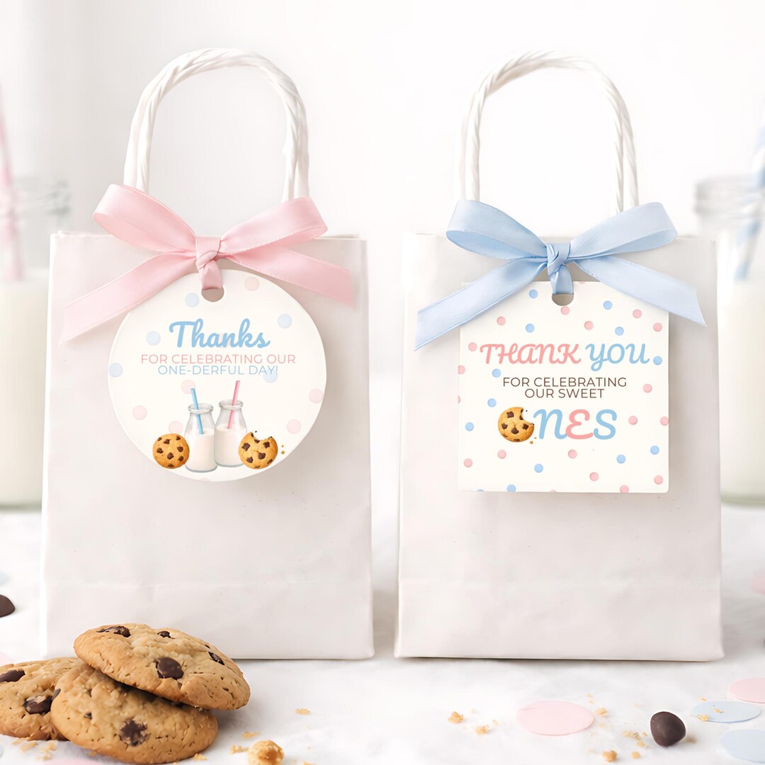 Milk and Cookies Thank You Tags 2x2, Printable Twins Birthday Favor Tag ...