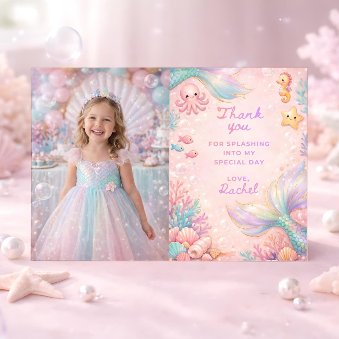 Mermaid Editable Thank You Card, Under the Sea Birthday Thanks Tag ...