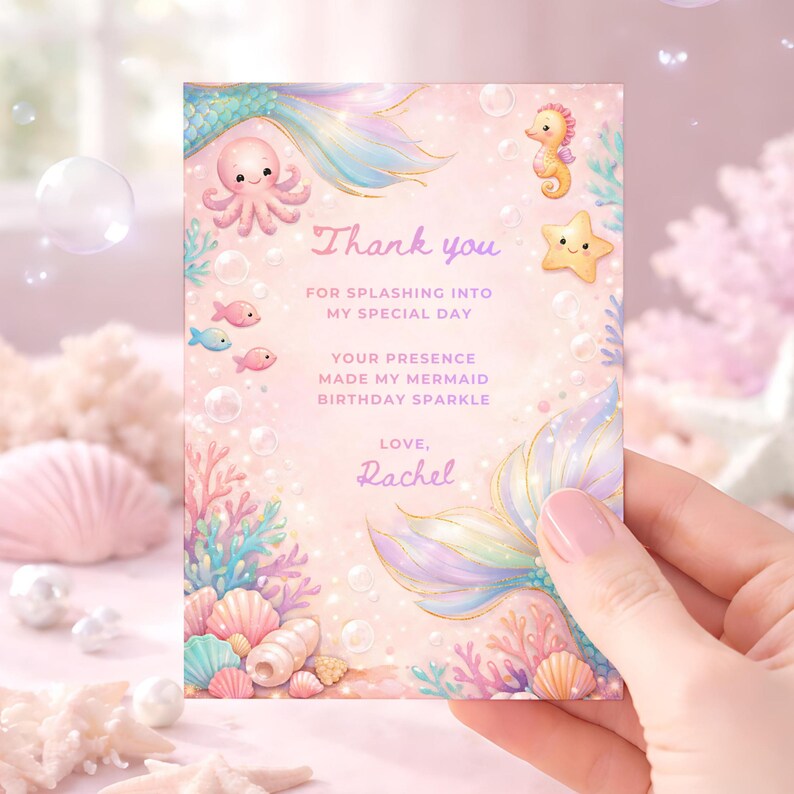 Mermaid Editable Thank You Card, Under the Sea Birthday Thanks Tag ...
