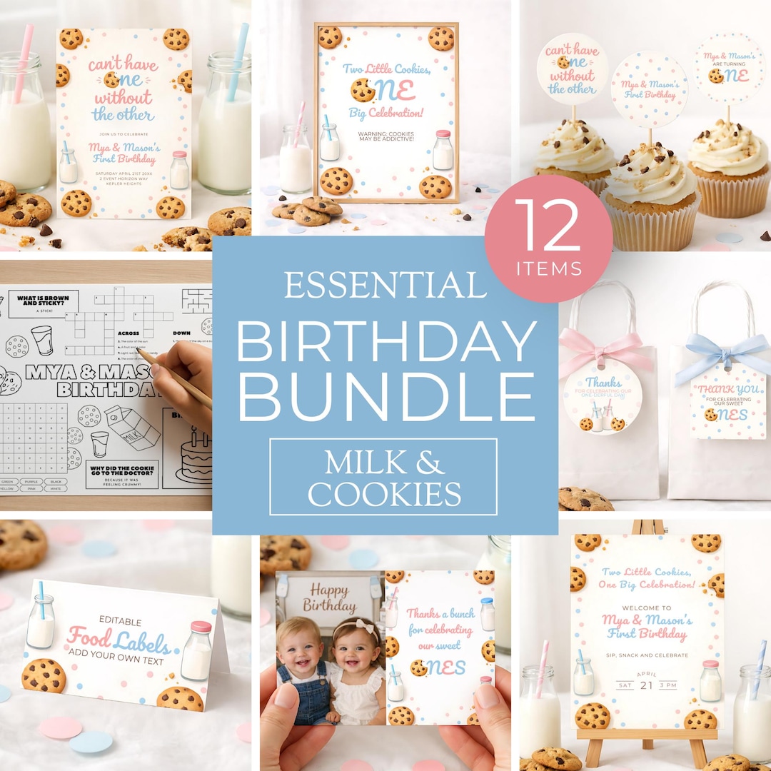 Cookies and Milk Theme Birthday Bundle, Boy Girl Twin Invitation Set ...