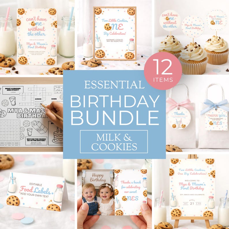 Cookies and Milk Theme Birthday Bundle, Boy Girl Twin Invitation Set ...