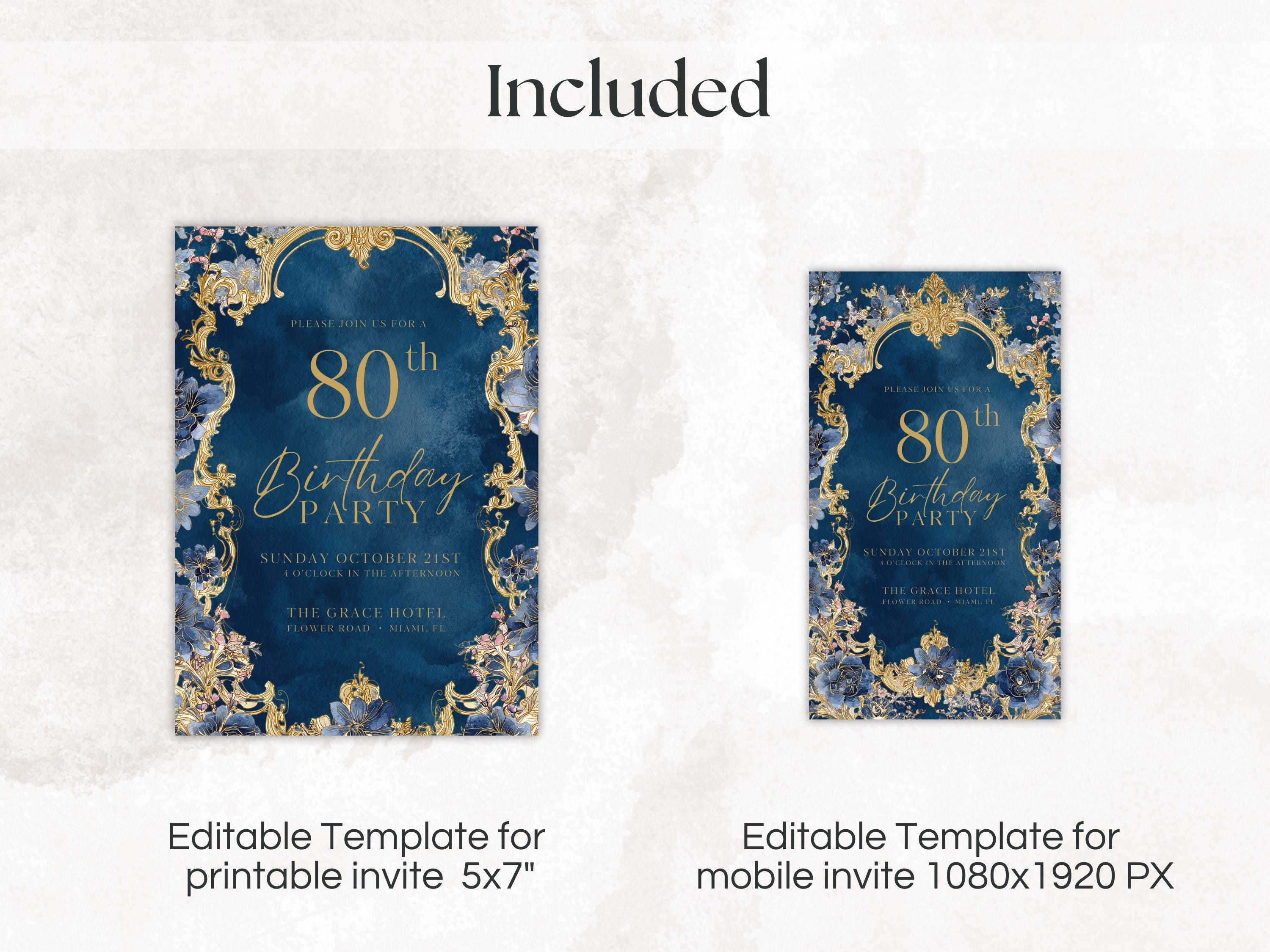 80th Chique Gold Frame Birthday Invitation Template, Editable Baroque ...