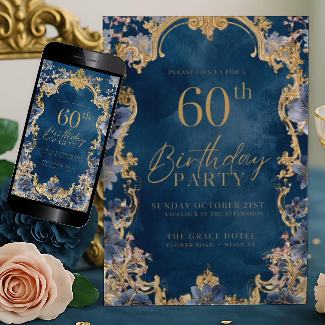 60th Baroque Birthday Invitation Template, Editable Floral Party Invite ...
