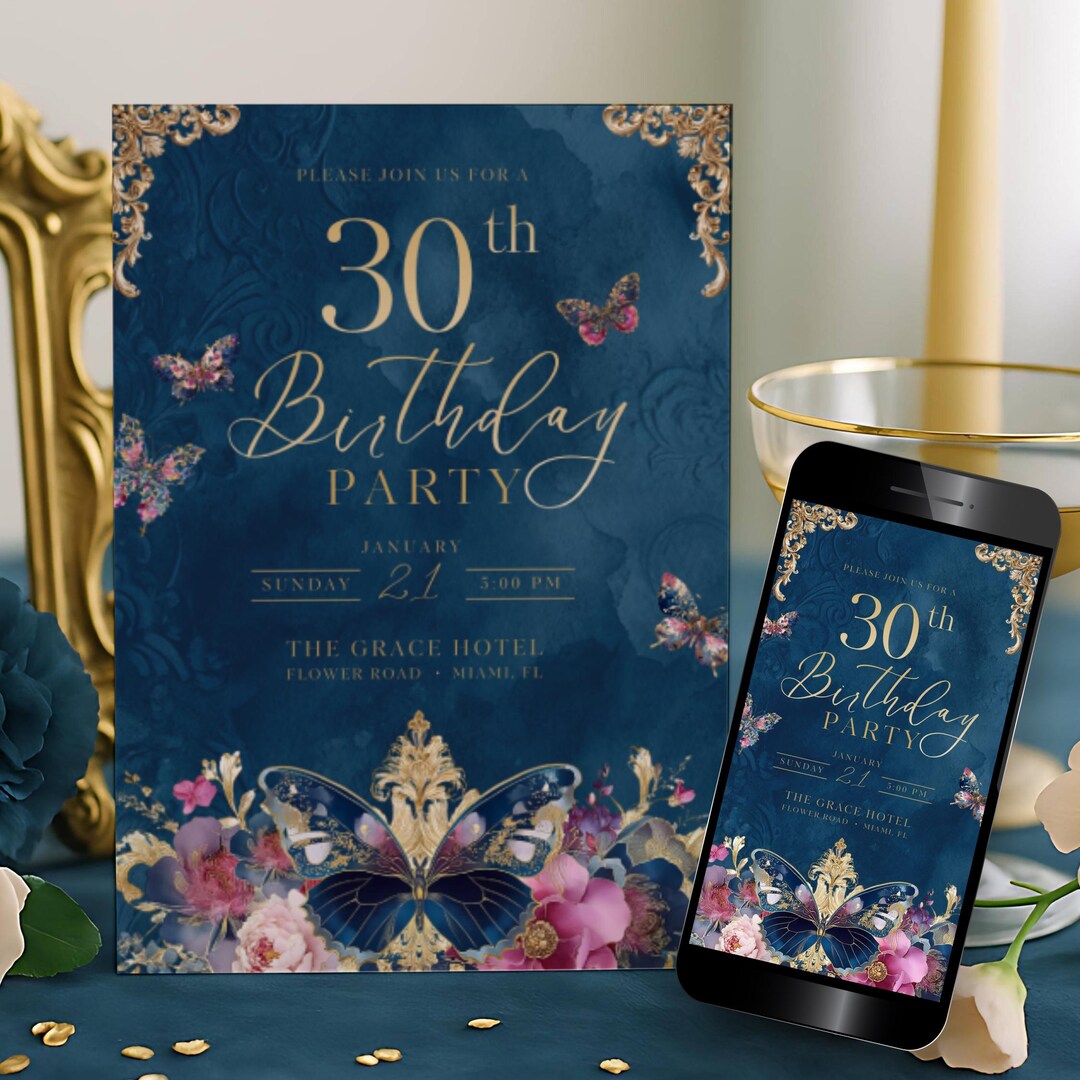 Editable 30th Birthday Invitation Template, Baroque Butterfly Party ...