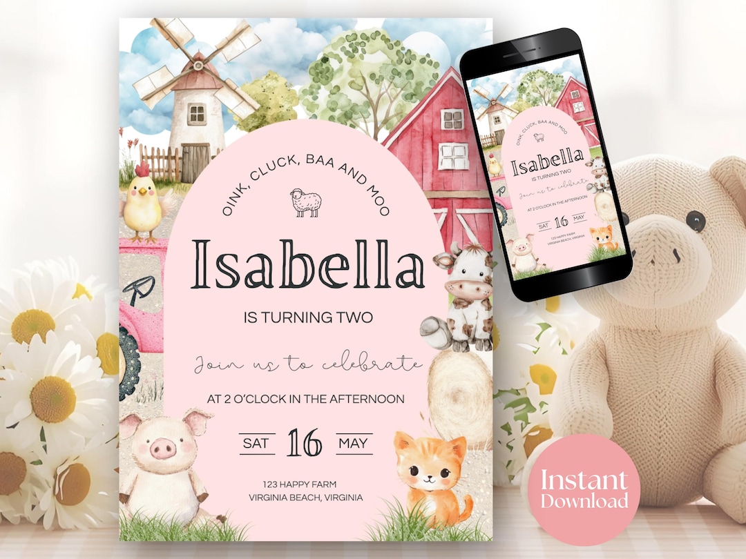 Oink Baa Moo 2nd Birthday Girl Invite, Farm Invitation Editable Canva ...
