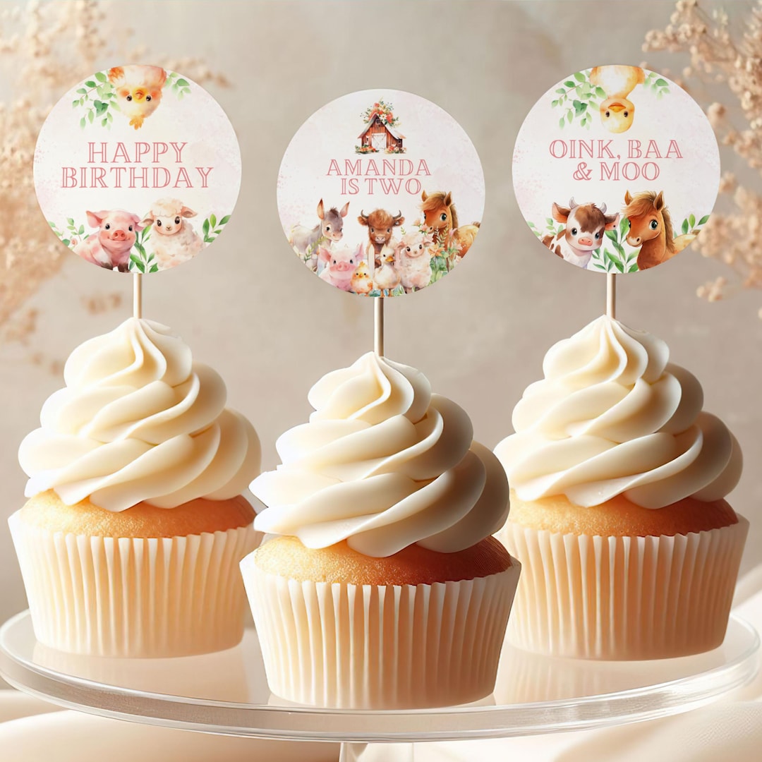 Oink Baa Moo Birthday Cupcake Toppers Template, Farm Girl Sheep Cow Pig ...
