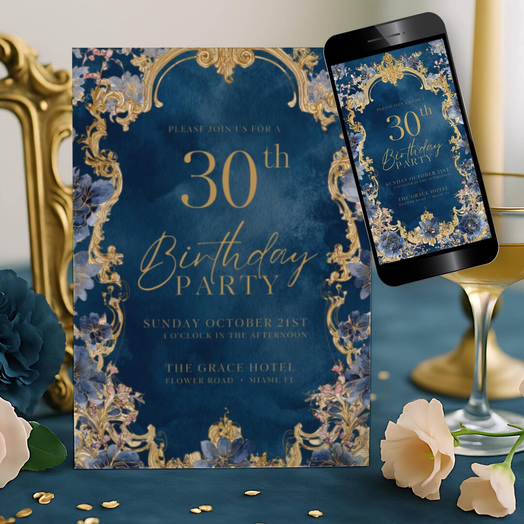 Baroque Blue & Gold Birthday Invitation Template, Editable Navy Floral ...