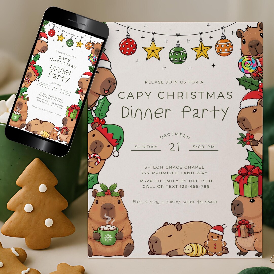 Capybara Christmas Dinner Party Invitation Canva Template, Cute Animal ...