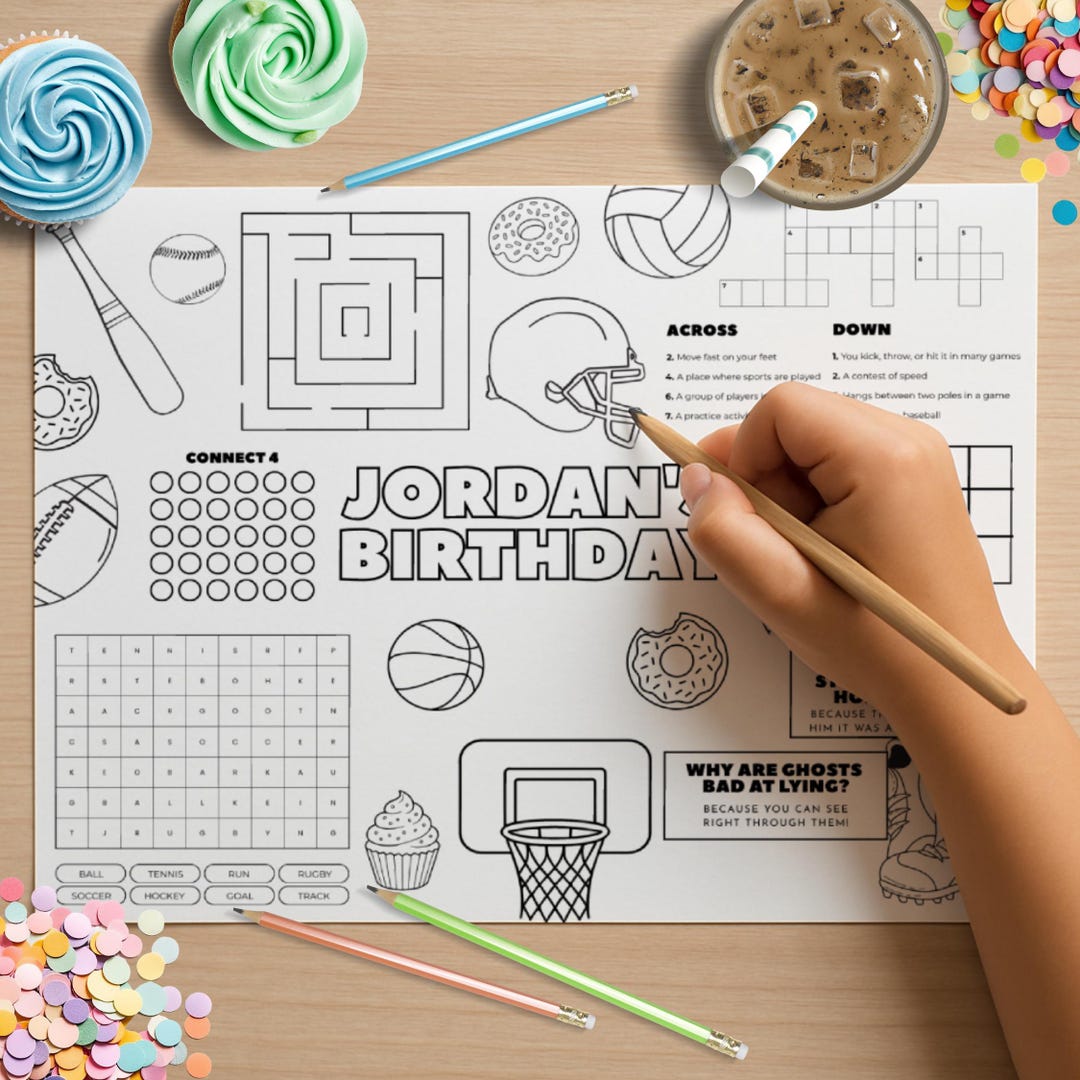 Ball Sports Activity Placemat Kids, Game Day Birthday Sheet Template ...