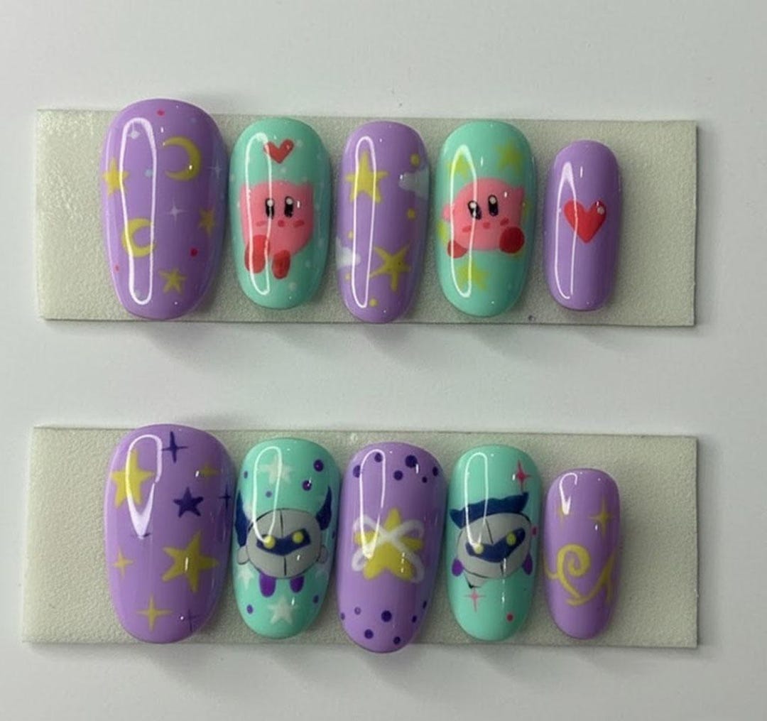 Handmade Kirby Meta Knight Press on Nails | Cute Video Game Characters ...