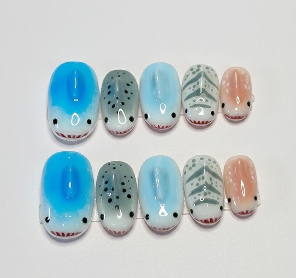 Handmade 3D Cute Shark Press on Nails | Ocean Blue, Whale Shark ...