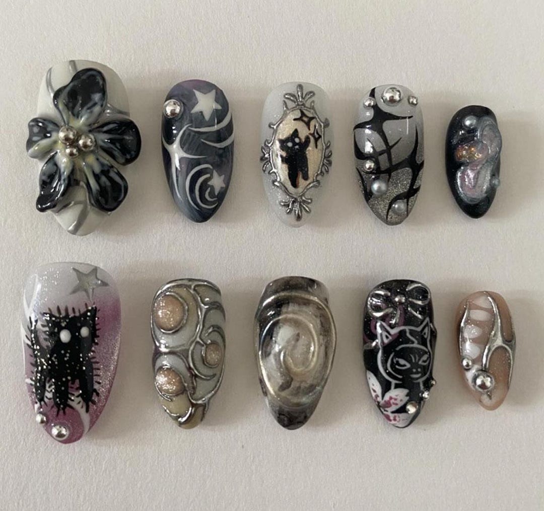 Handmade Gothic Cat Press on Nails | 3D Flower, Cat Cameo, Crescent ...