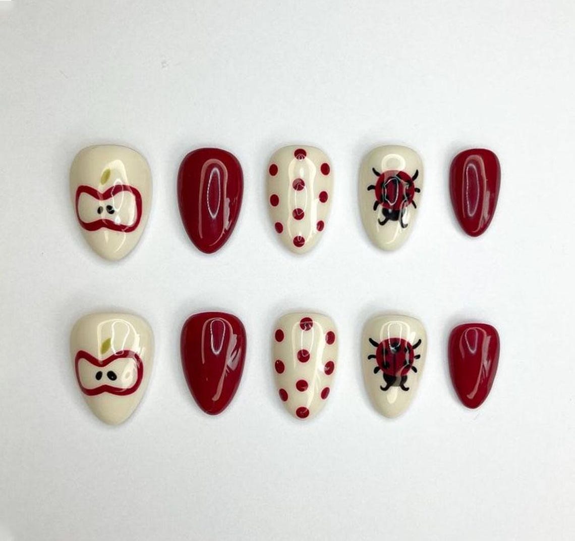 Handmade Cute Red Apple Press on Nails | Ladybug & Polka Dot Art, Cream ...