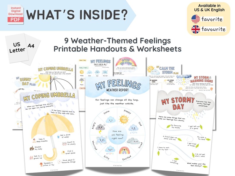 Feelings and Emotions Weather Worksheets and Handouts for Kids Social ...