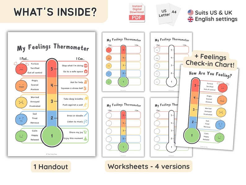 Feelings Thermometer With 5 Point Scale: Coping Skills Worksheet for ...