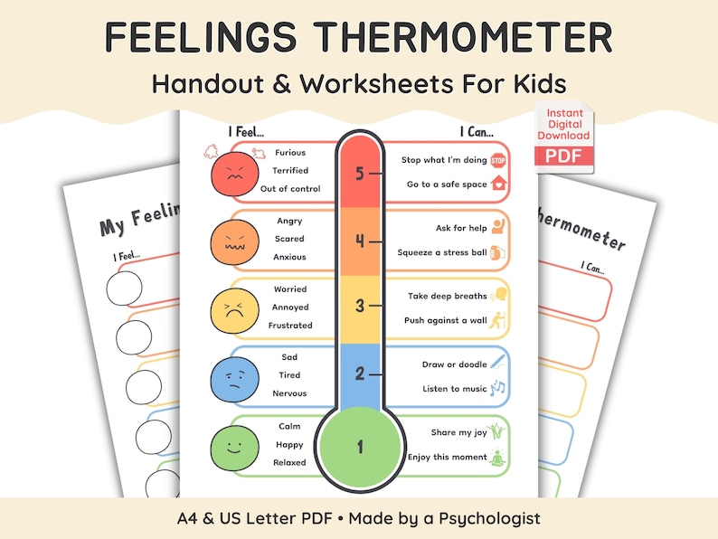 Feelings Thermometer With 5 Point Scale: Coping Skills Worksheet for ...