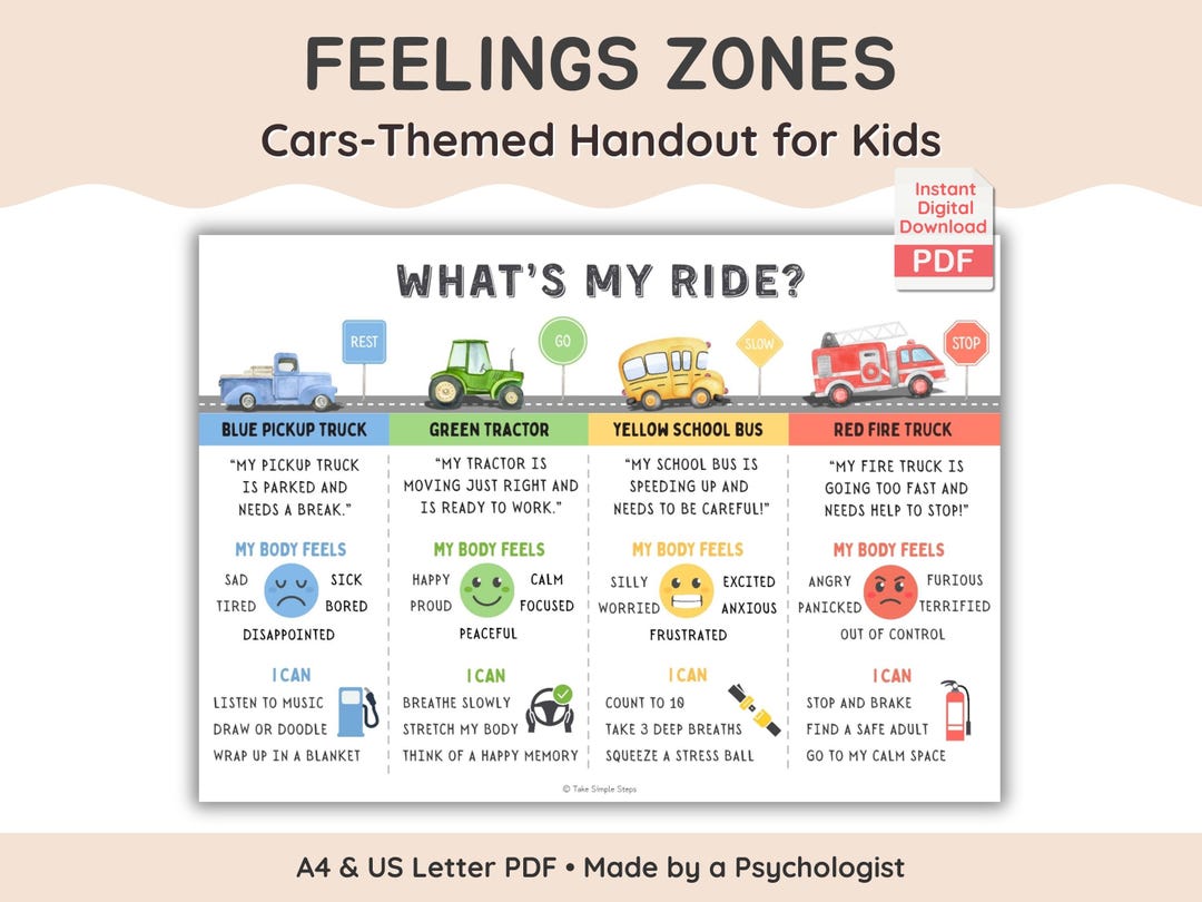Vehicle Theme Feelings Zones Handout for Kids Social Emotional Learning ...