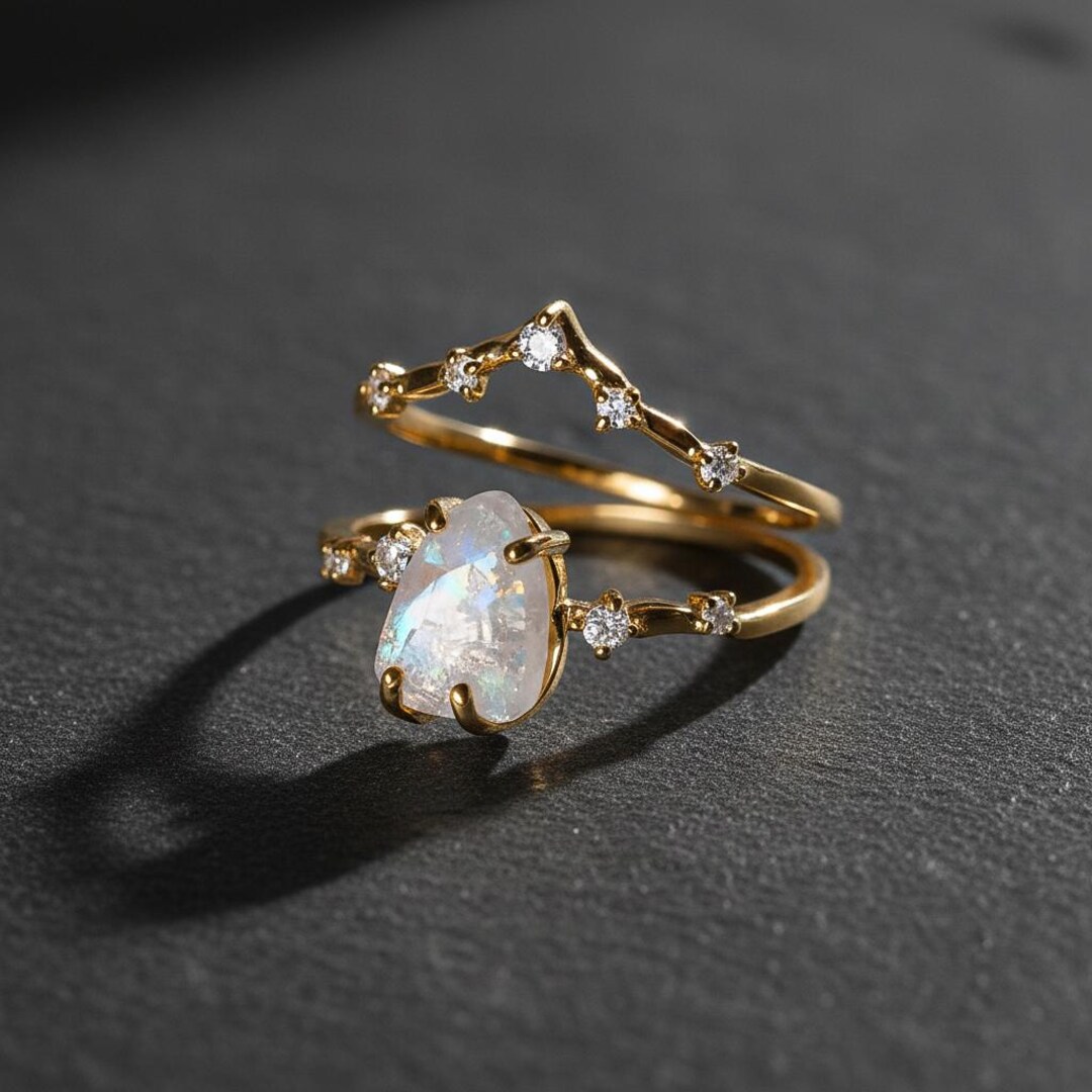Raw Moonstone Gold Stacking Ring Set | Celestial Wedding Band - Etsy