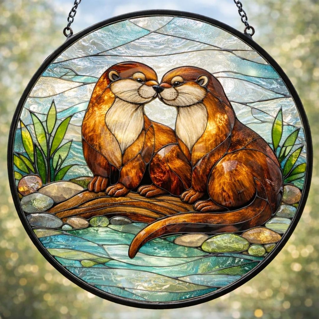 Otter Couple Stained Glass Suncatcher, Romantic Window Decor, Nature ...